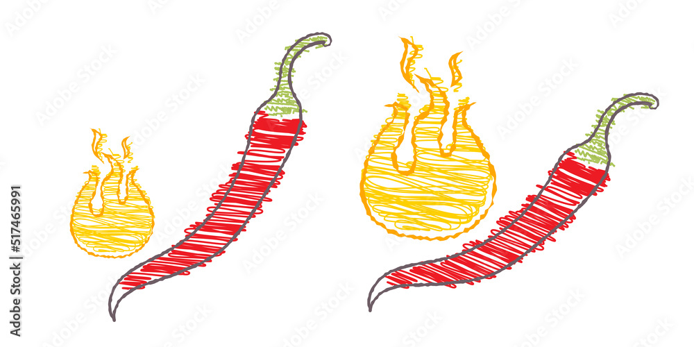 Vector illustration of chili pepper with fire in doodle style. Sketch ...