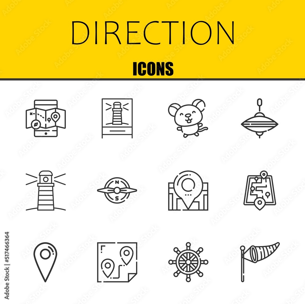 Vetor de direction vector line icons set. mobile map, lighthouse and ...