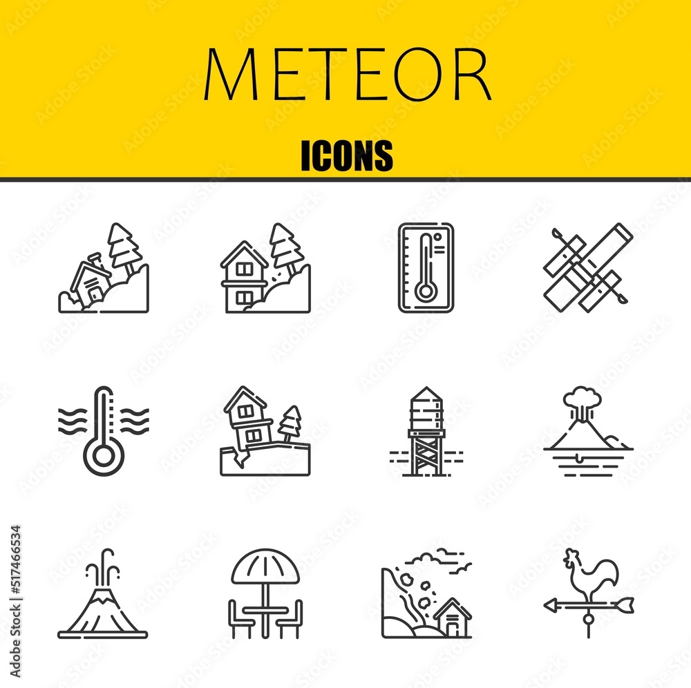 meteor vector line icons set. landslide, landslide and temperature ...