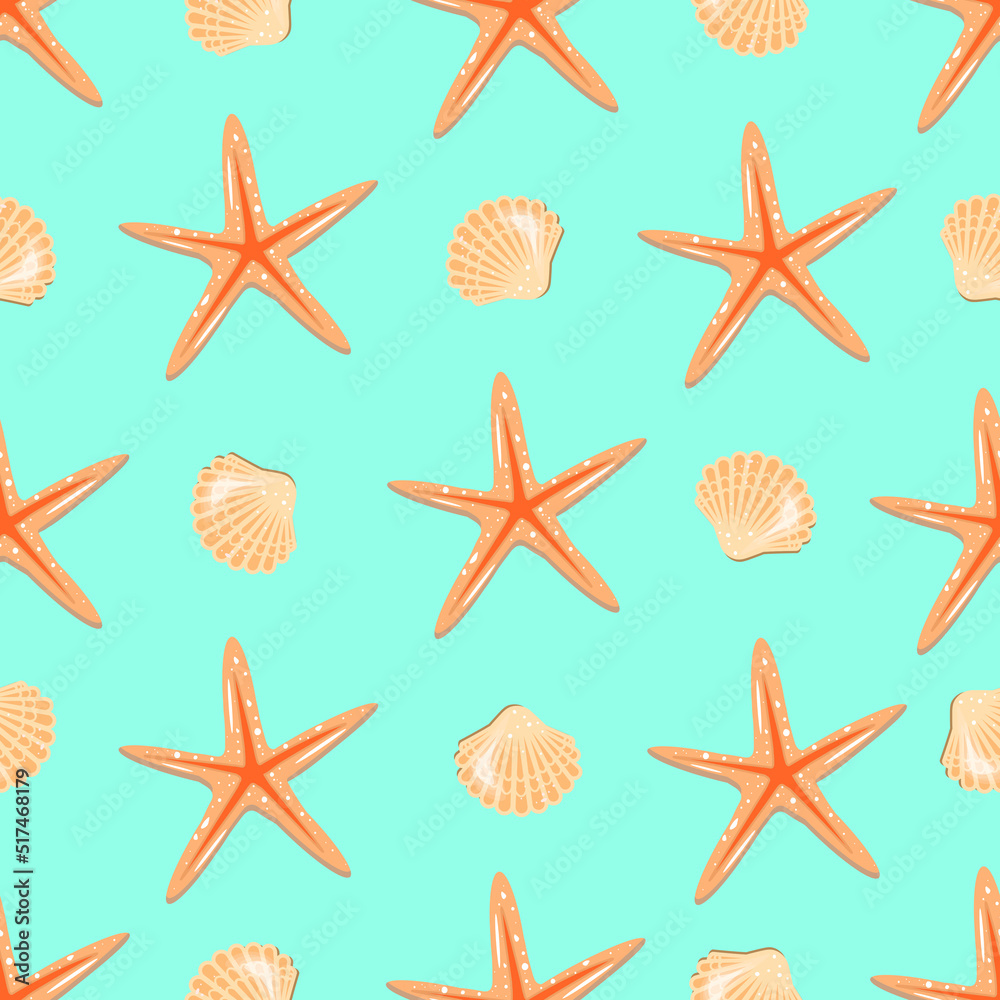 Vector Starfish and Seashells Seamless Pattern on Blue Background Flat ...