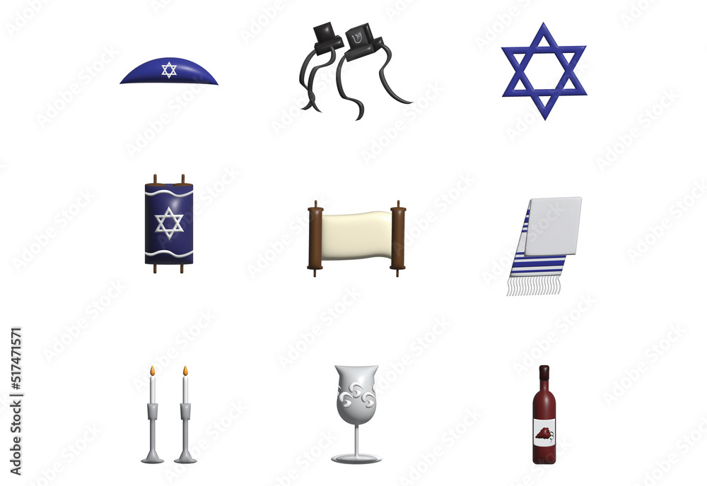 3D Jewish symbols set, Kippah, Tefillin, Star of David, Torah scroll ...