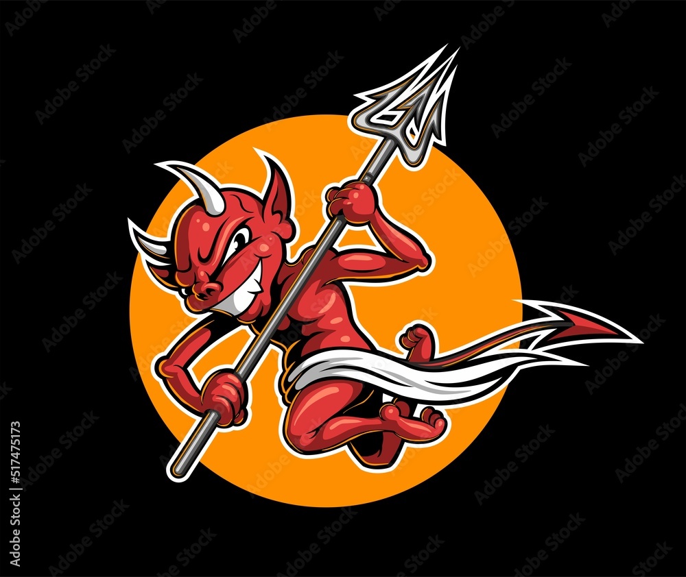 Cartoon style red demon character. Flying devil with the trident ...