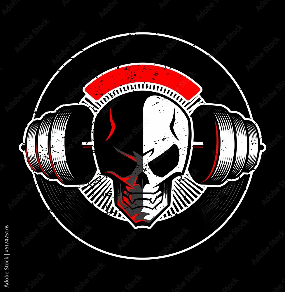 Human skull image with the heavy dumbbell on background. Gym logo ...