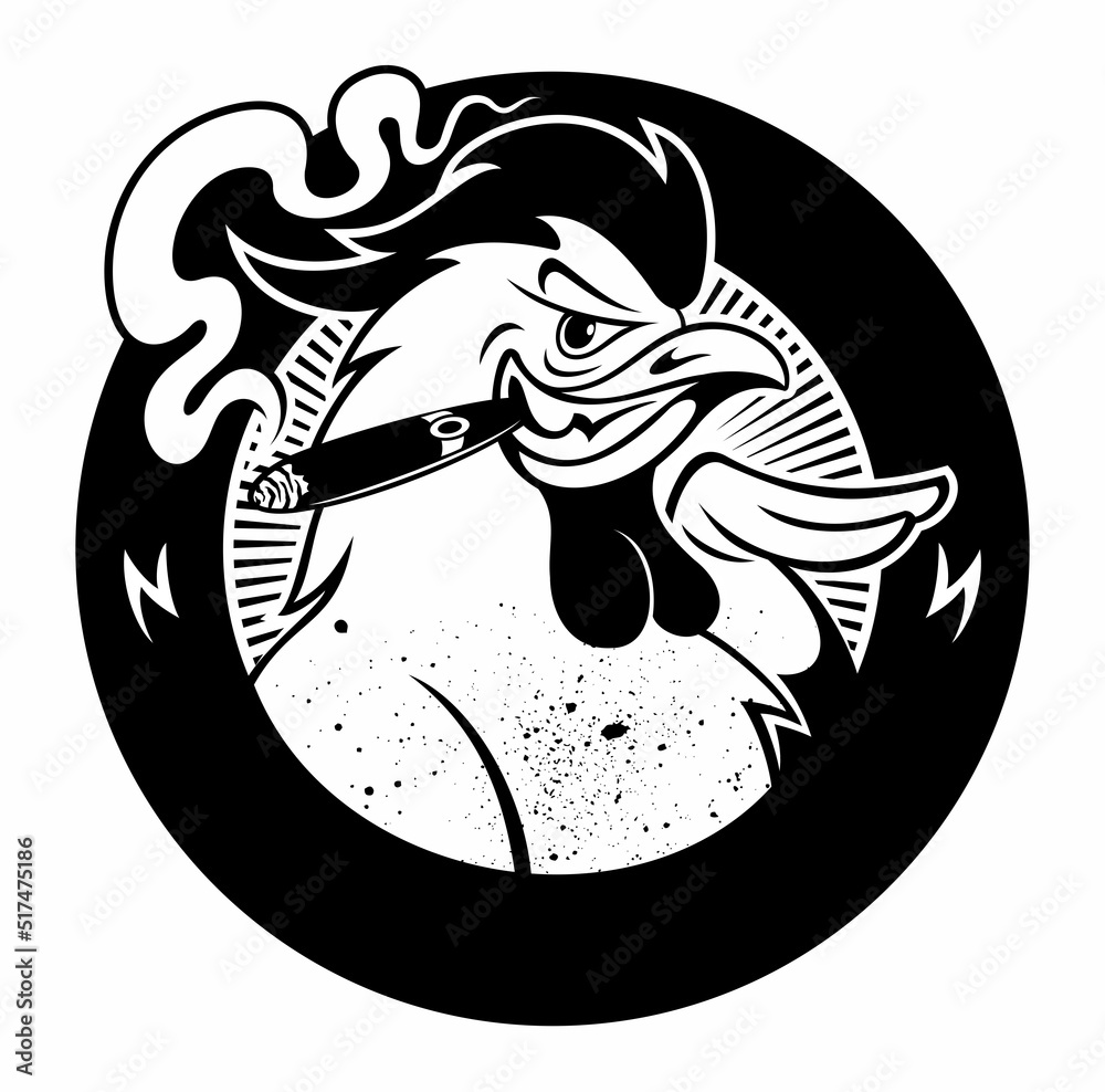 Black and white cartoon style rooster character, smoking cigar. Vector ...