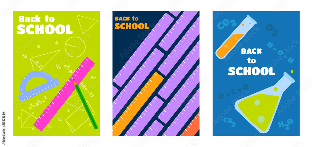 Back to school. Flask and test tube, rulers, mathematical formulas ...