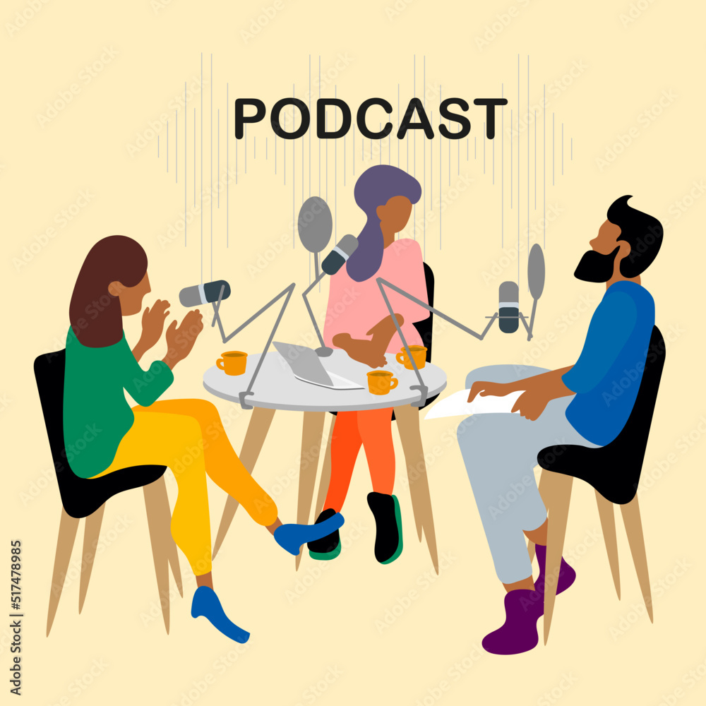 Podcaster talking with guests, spiking to mic, broadcaster at workspace ...