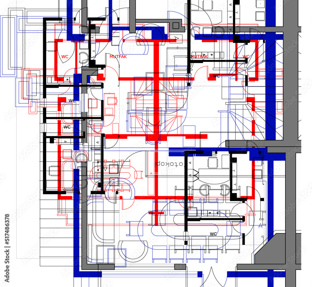 Abstract illustration of multi layered architectural plans. Technical ...