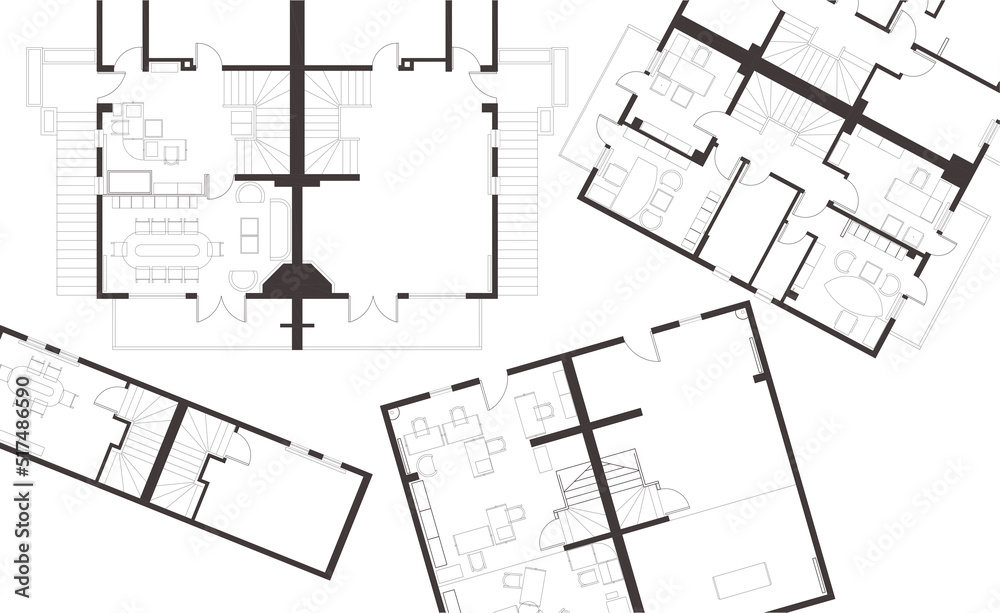 Abstract partial 2d architectural plans of an office building floors ...