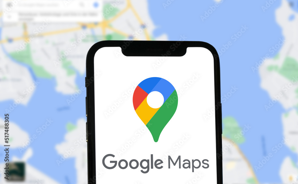 Google Maps logo with lettering displayed on a smartphone, in the ...