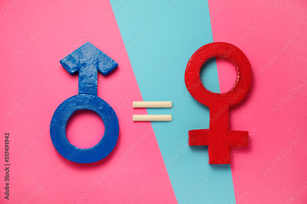 Gender equality. Equal sign, male and female symbols on color ...