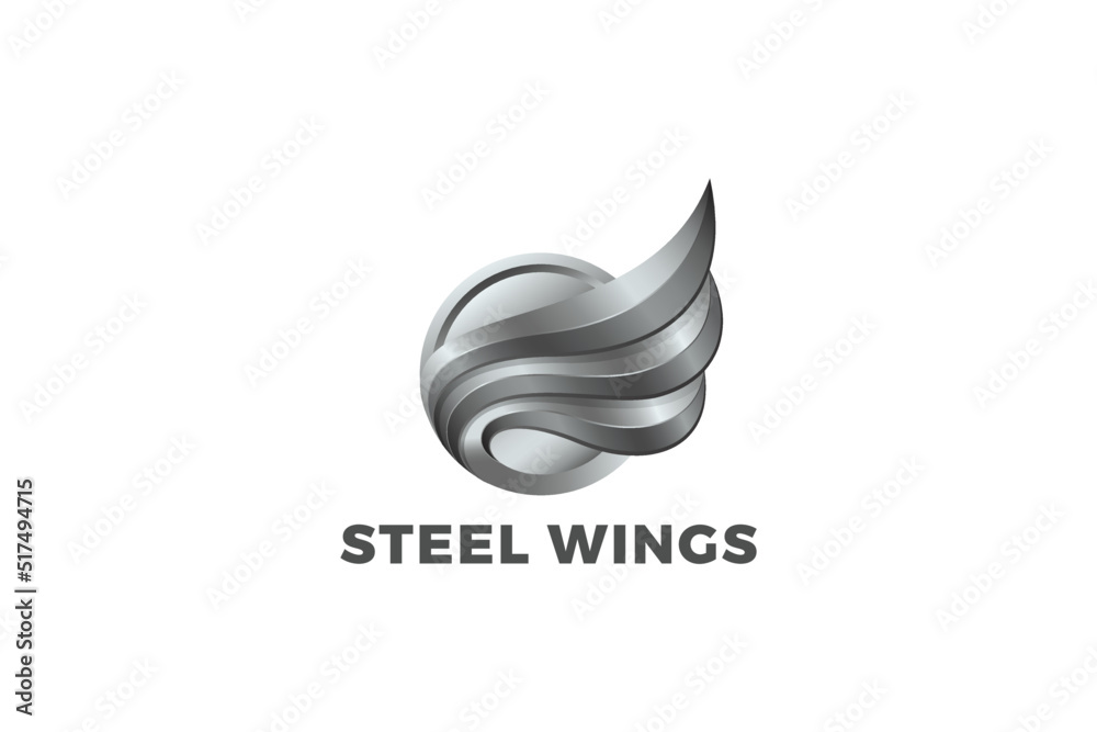 Wings Logo in Circle design vector template 3D Metallic Style. Metal ...