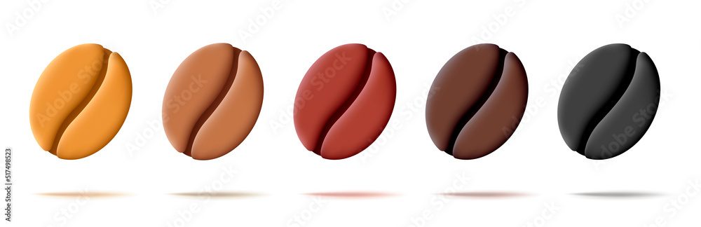 Set of 3d coffee beans icons with different roasting level. Vector ...