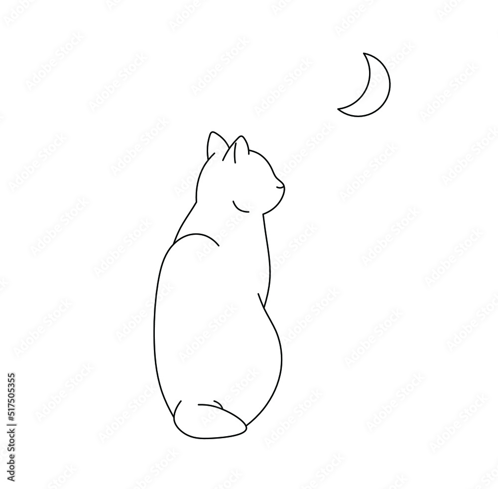 Vector isolated one sitting cat look at the crescent moon view from ...