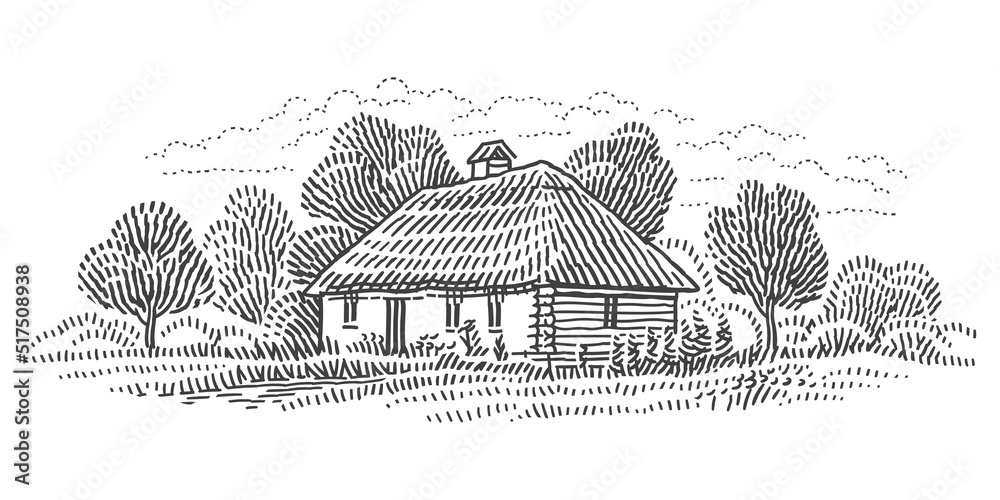Rural old retro village house engraving line monochromatic illustration ...