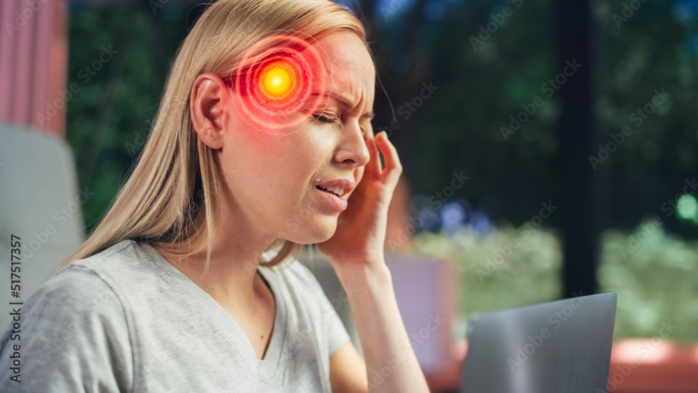 VFX Headache Render: Close Up of a Female Working on Laptop Computer ...