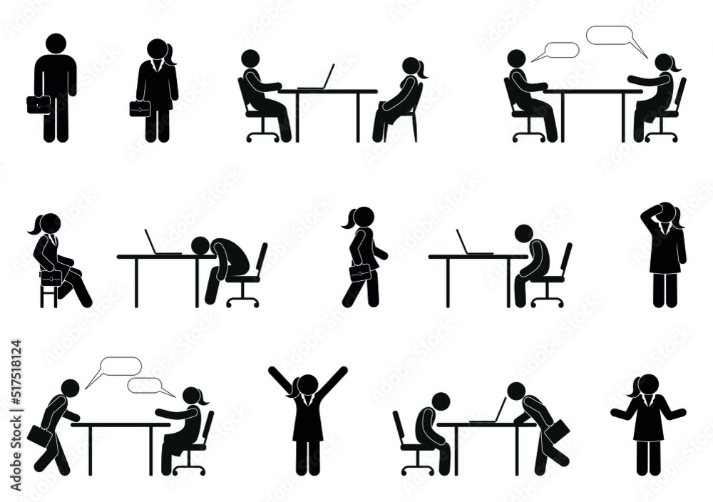 office illustration, office workers icons, stick figure, human ...