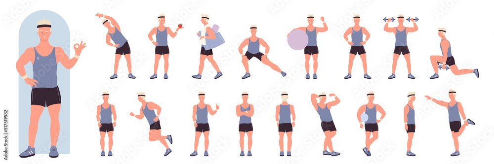 Personal sport trainer poses in front, side and back view, workout set ...
