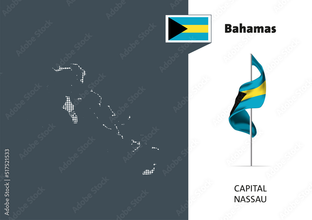 Flag of Bahamas on white background. Dotted map of Bahamas with Capital ...