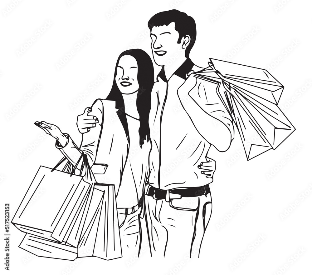 Shopping Vector, Sketch drawing of young couple holding shopping bags ...