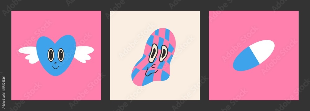 Hand drawn Abstract funny cute comic characters. Set of colorful vector ...