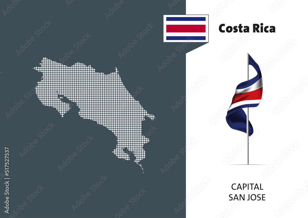 Flag of Costa Rica on white background. Dotted map of Costa Rica with ...