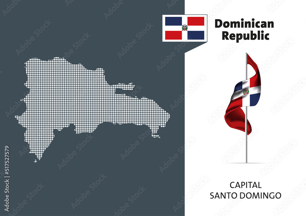 Flag of the Dominican Republic on white background. Dotted map of the ...