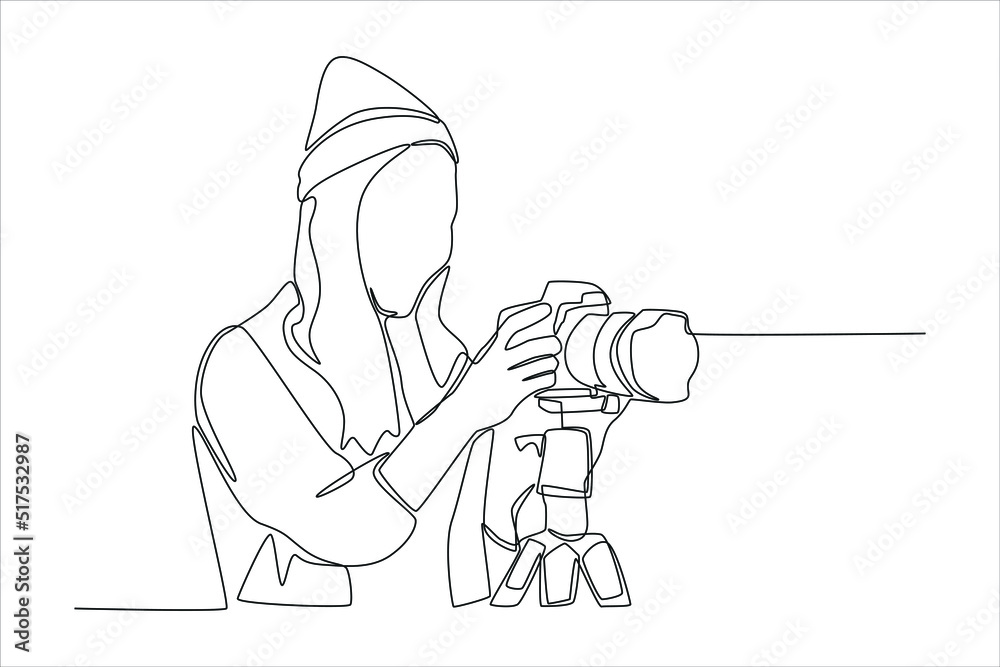 Continuous one line drawing female traveler standing and setting camera ...