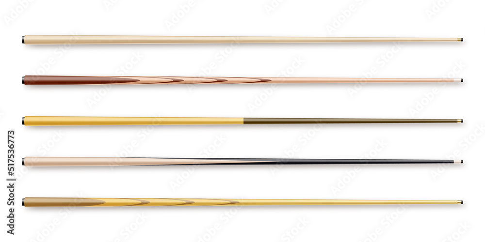 Various wooden billiard cues isolated on white background. Snooker sports equipment. Vintage ...