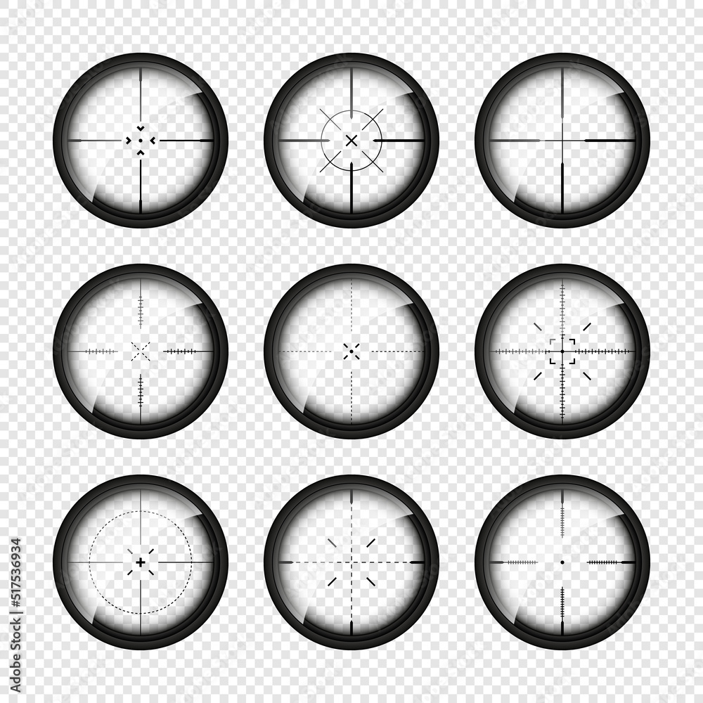 Various weapon sights, sniper rifle optical scopes. Hunting gun ...