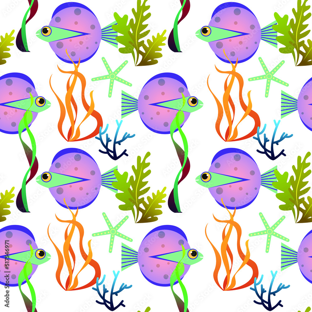 seamless pattern with stylized flounder fish and algae in animation ...