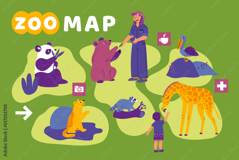 Zoo park map. Layout of animal enclosures. Visitor and employee ...