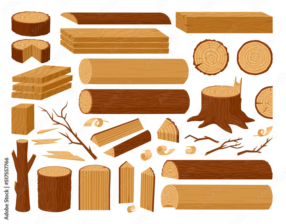 Cartoon wooden logs, tree trunks, planks, wood industry materials. Wood ...