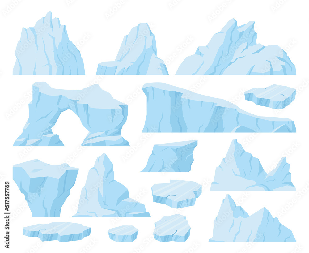 Cartoon icebergs, arctic glaciers, ice peaks and snow mountains. Frozen ...