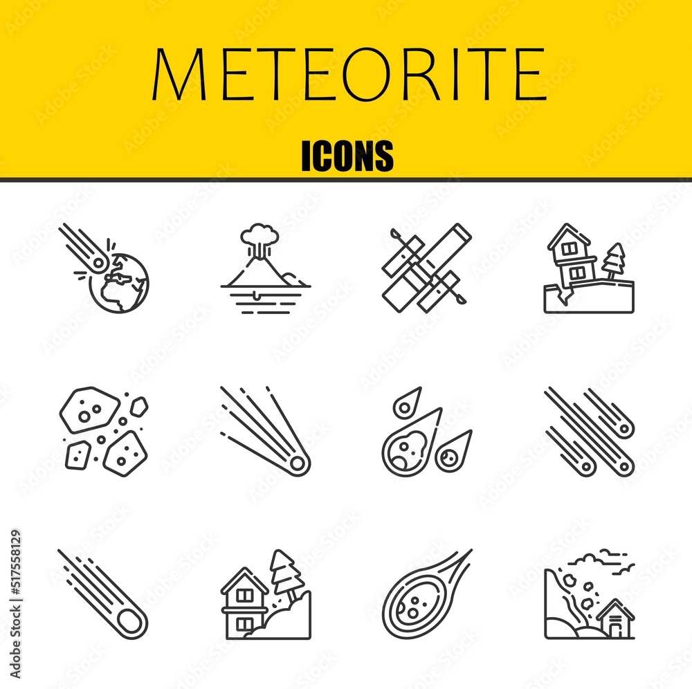 Vetor de meteorite vector line icons set. asteroid, volcano and hubble ...