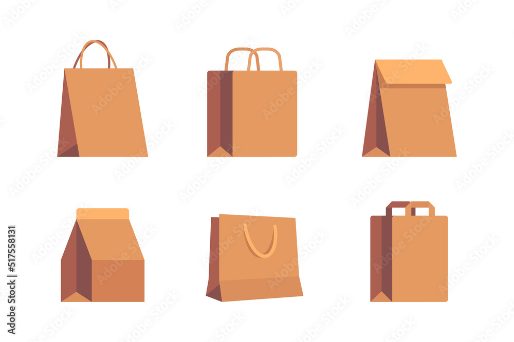 Set of empty kraft brown blank cardboard paper bags for in-store ...