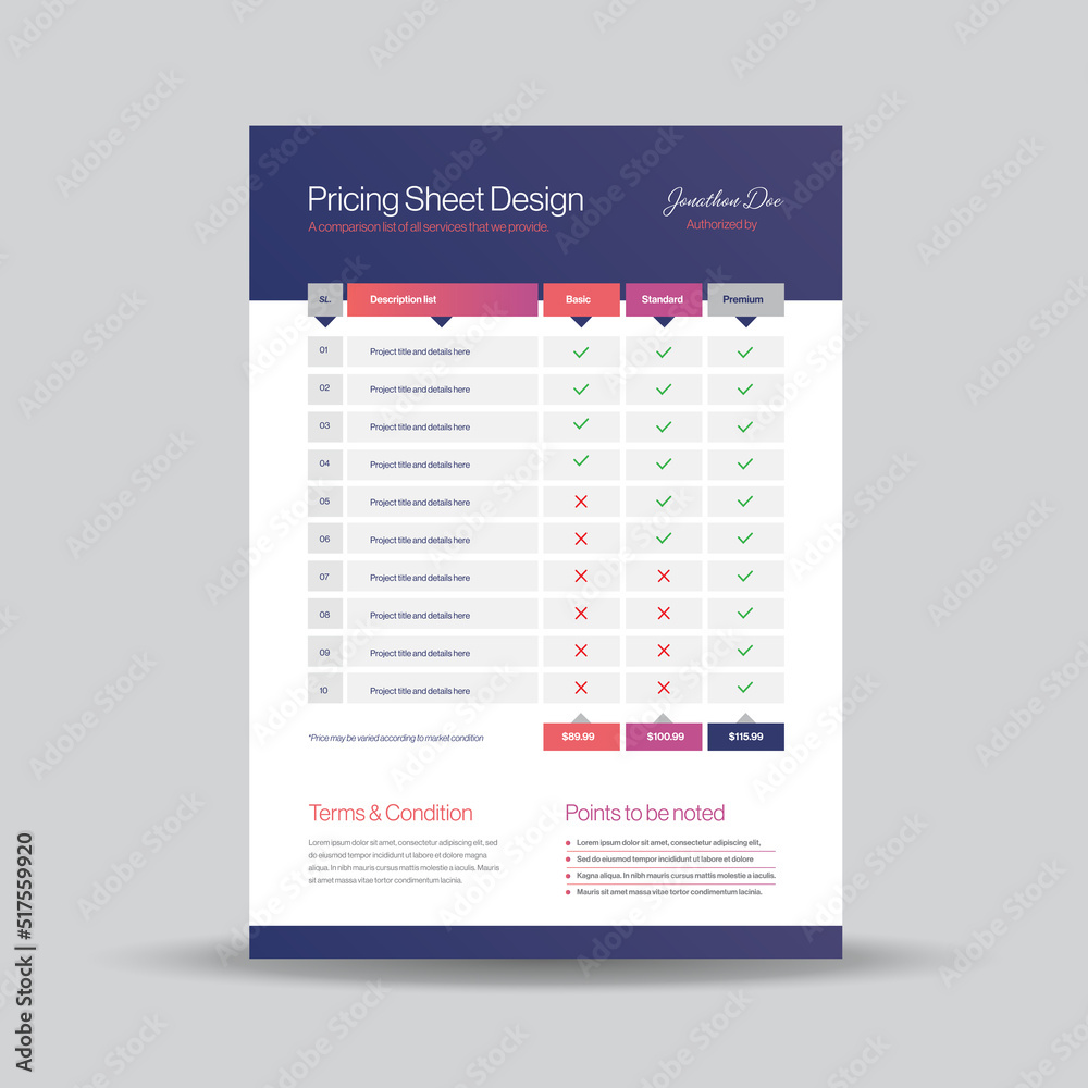 Pricing Sheet Design, Costing Flyer or Pricing table comparison ...