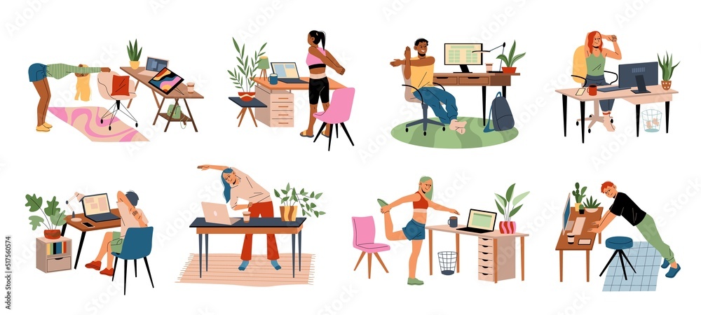 Workplace workout people. Office warmup, happy guys and girls do ...