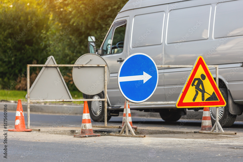 Road signs!Road works with trucks and traffic signs.road works road ...