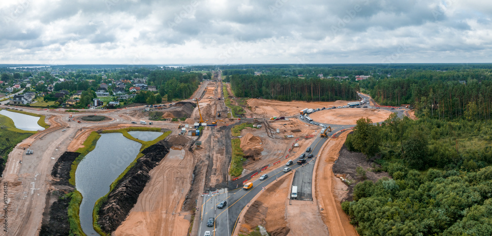 Aerial view of the road construction Kekava Bypass. New section of the ...