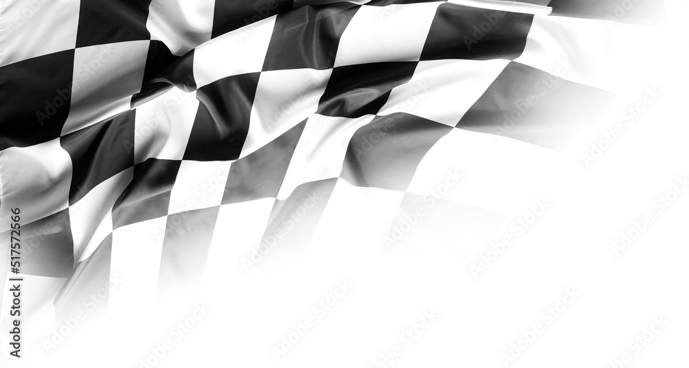 Checkered black and white racing flag on white background. Copy space ...
