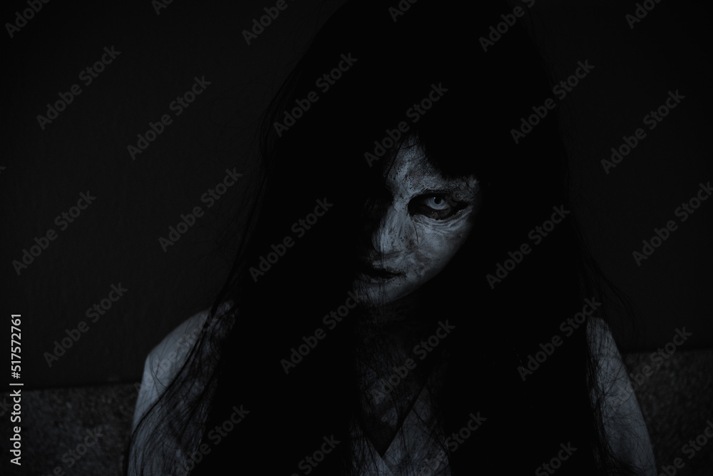 Asian woman ghost or zombie horror creepy scary close up she face and ...