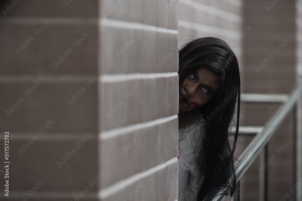 Horror evil woman ghost creepy in a dark room at house. Female zombie ...