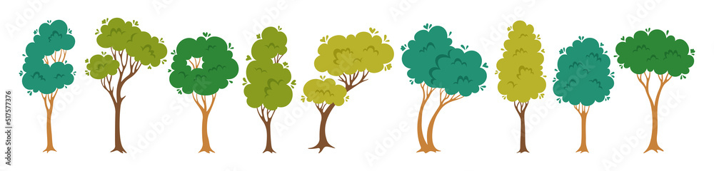 Trees flat cartoon set. Forest and park abstract evergreen stylized ...