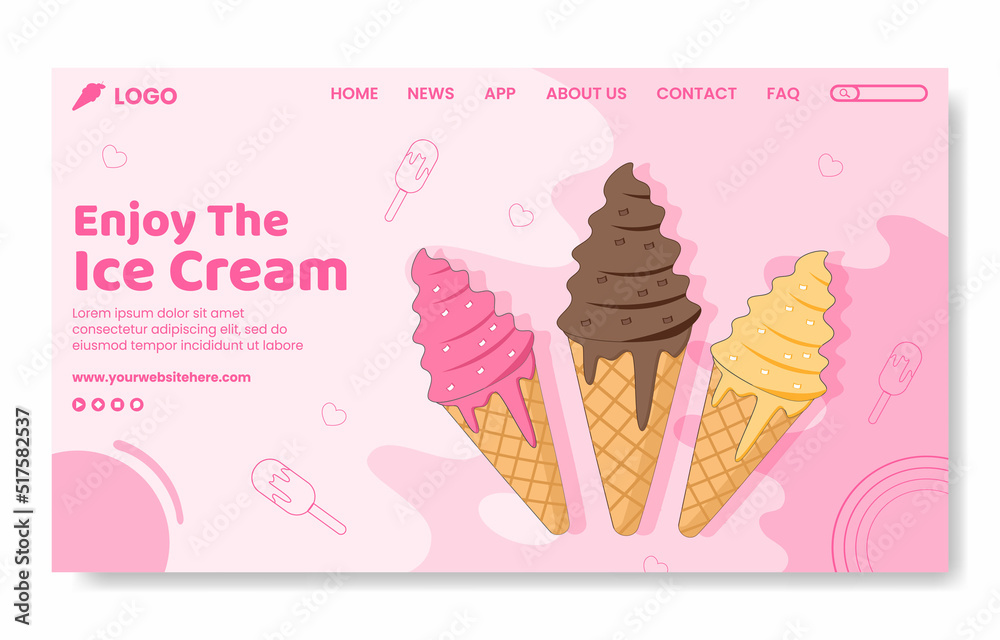 Ice Cream Social Media Landing Page Template Flat Cartoon Background ...