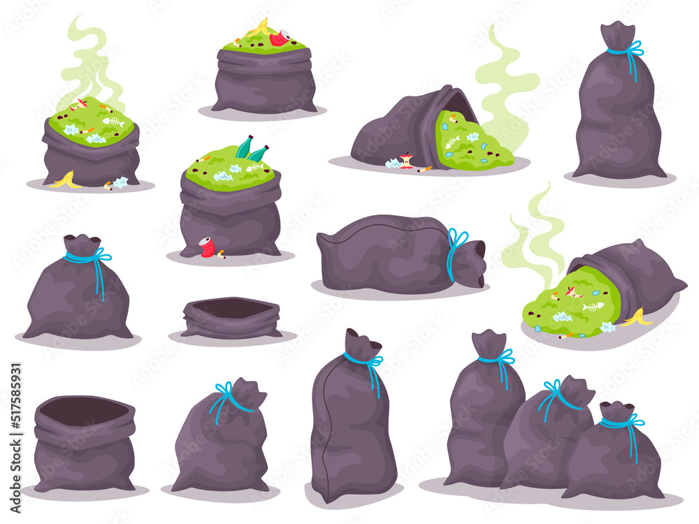 Set of trash bags with smelly garbage. Black sacks full of litter in ...