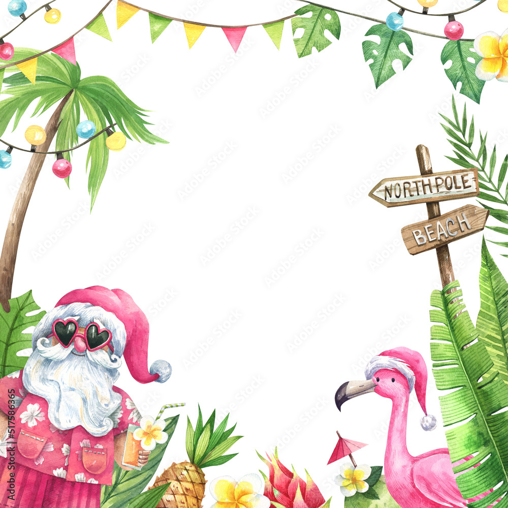 Tropical New Year, Christmas party frame with pink flamingo, Santa ...