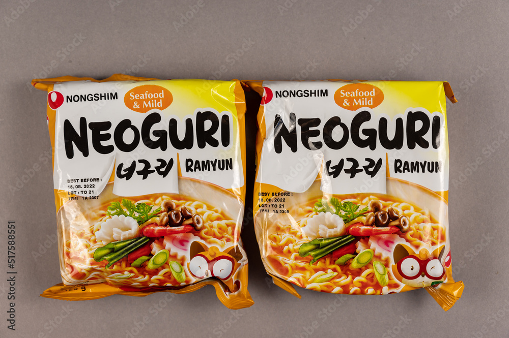 Neoguri Ramyun instant noodles. Colorful plastic packages on gray ...