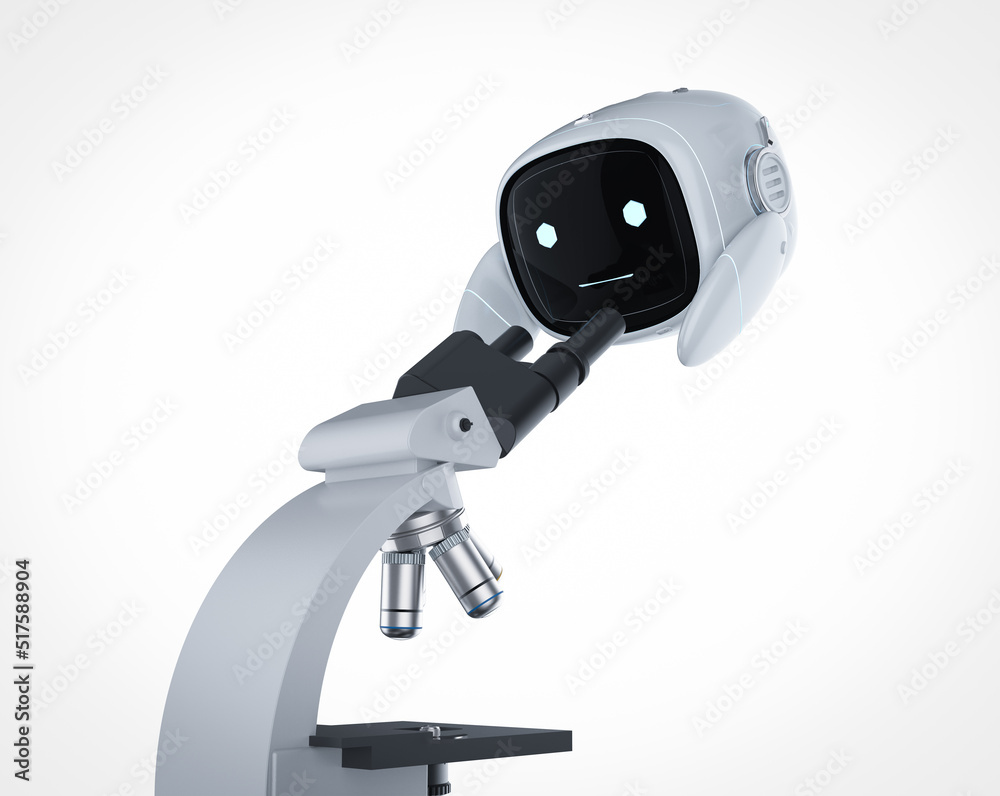 Small assistant artificial intelligence robot working on microscope ...