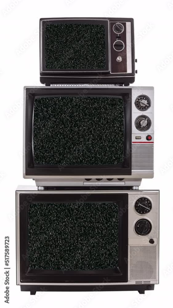 Vintage television stack on white with static and chroma green screens ...
