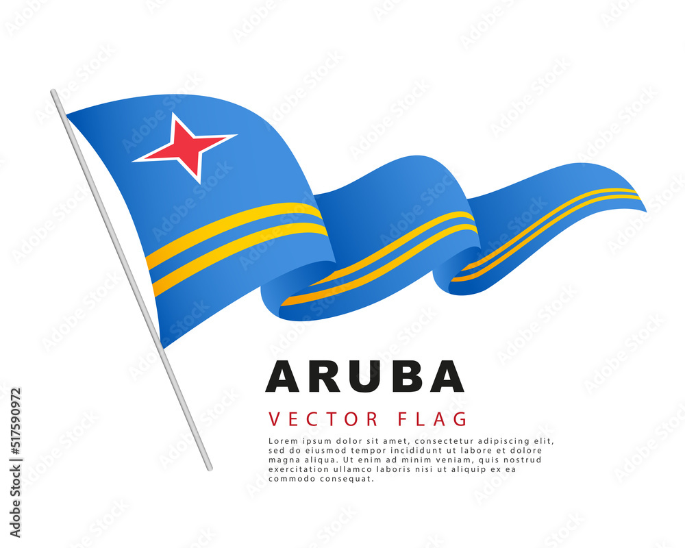 The flag of Aruba hangs on a flagpole and flutters in the wind. Vector ...